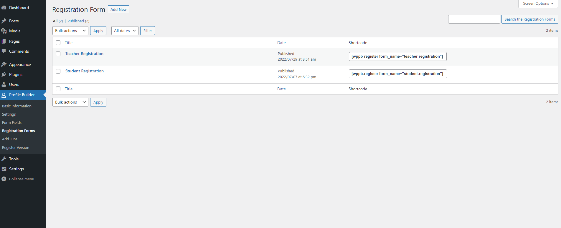 Multiple Registration Forms