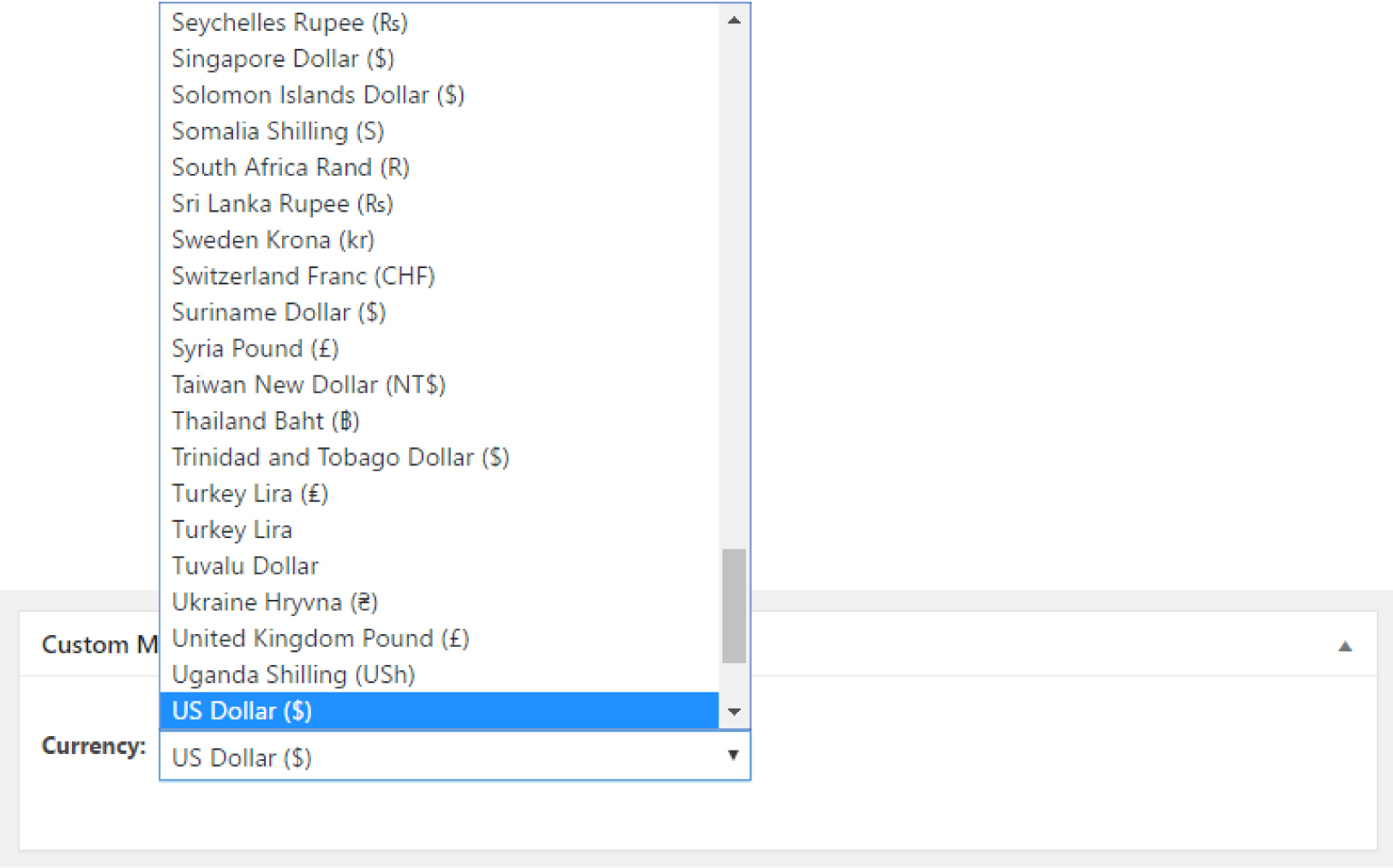 Currency Select Field - Cozmoslabs