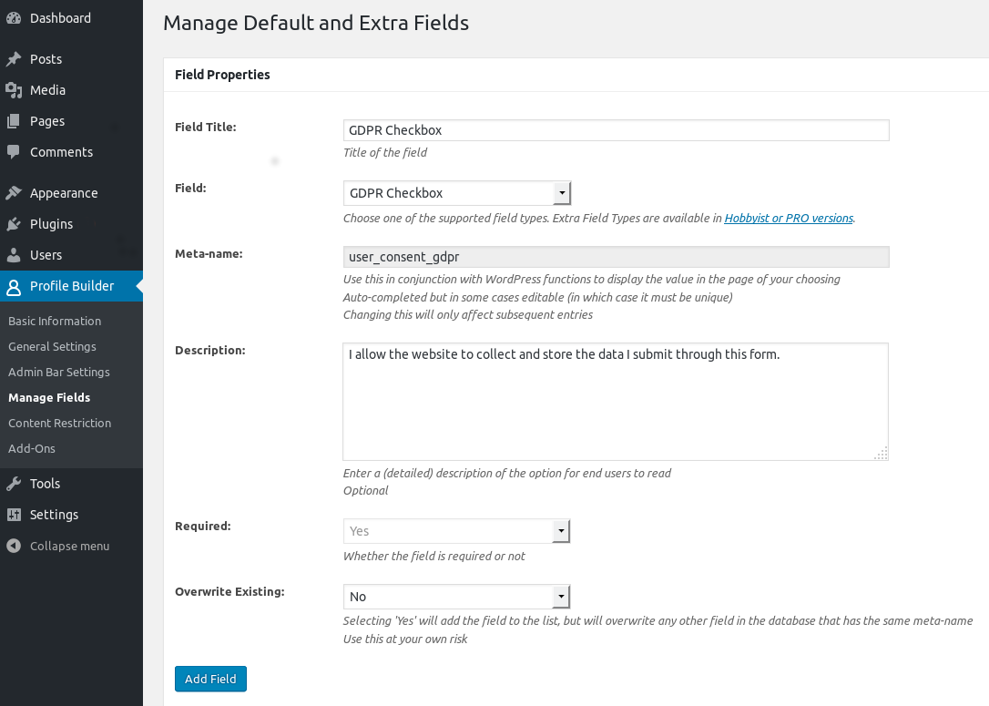 How to make Profile Builder forms GDPR Compliant
