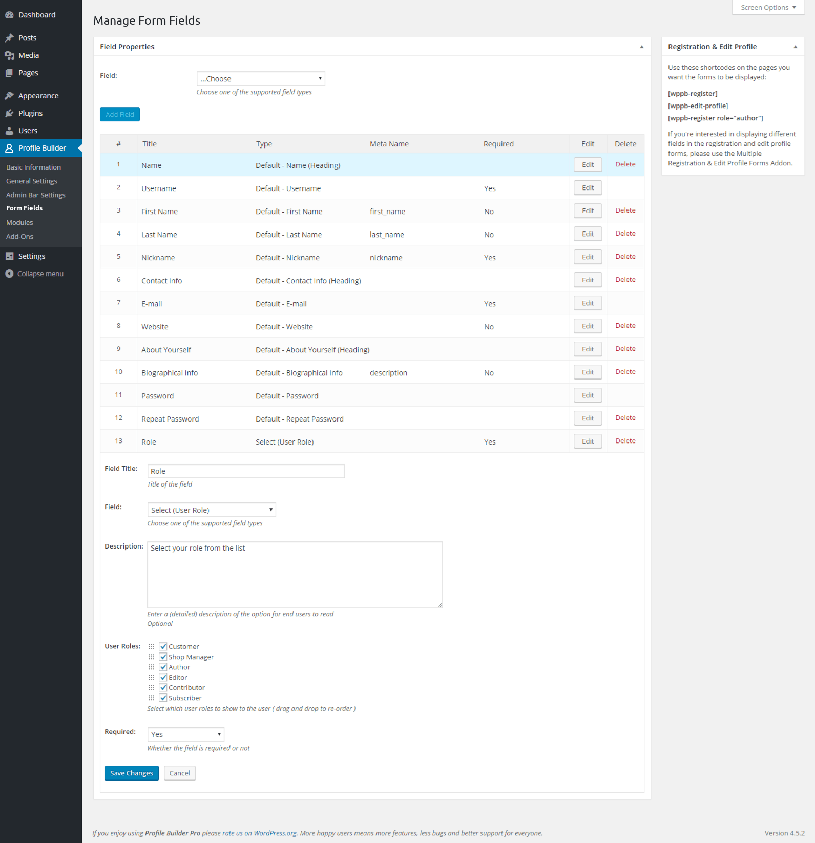 Select (User Role) Field