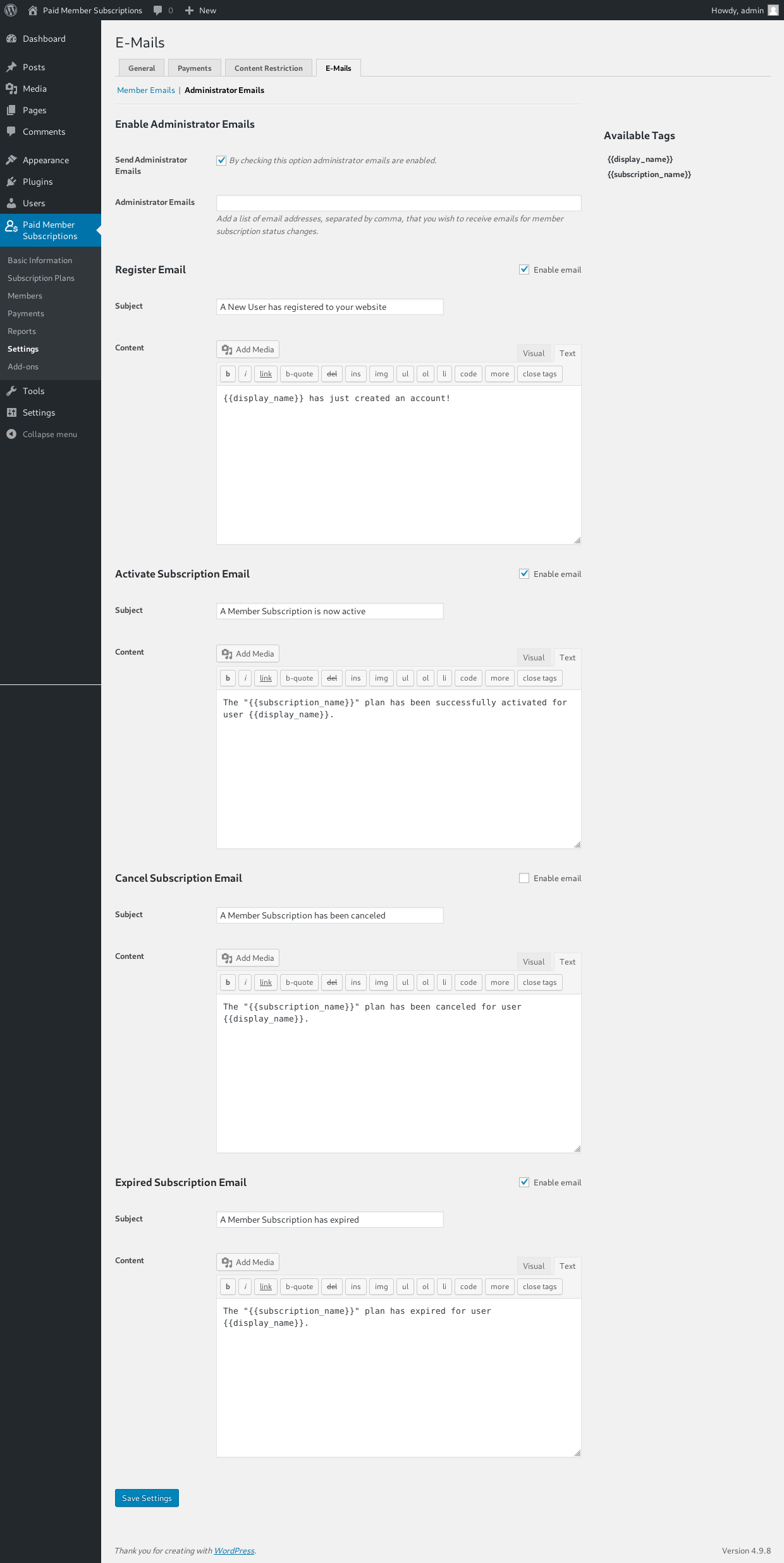 Administrator Emails - Cozmoslabs
