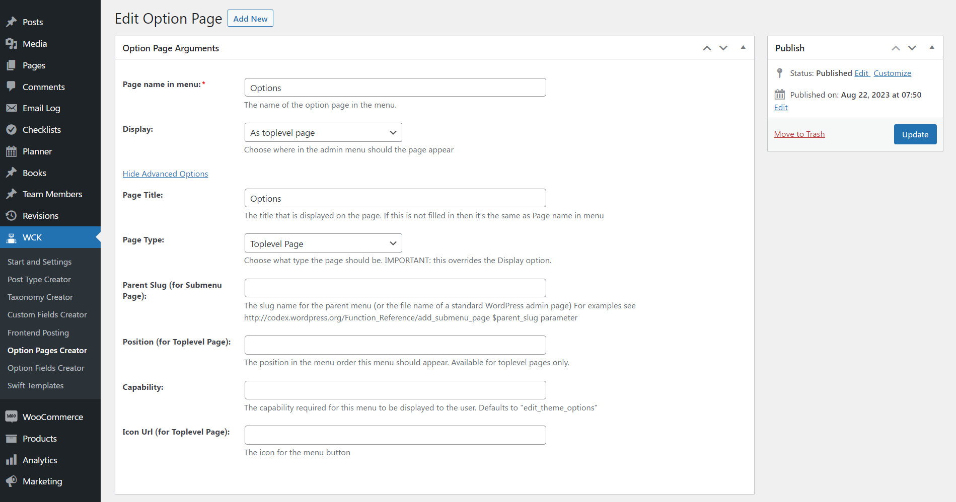 WCK - Custom Fields and Custom Post Types plugin