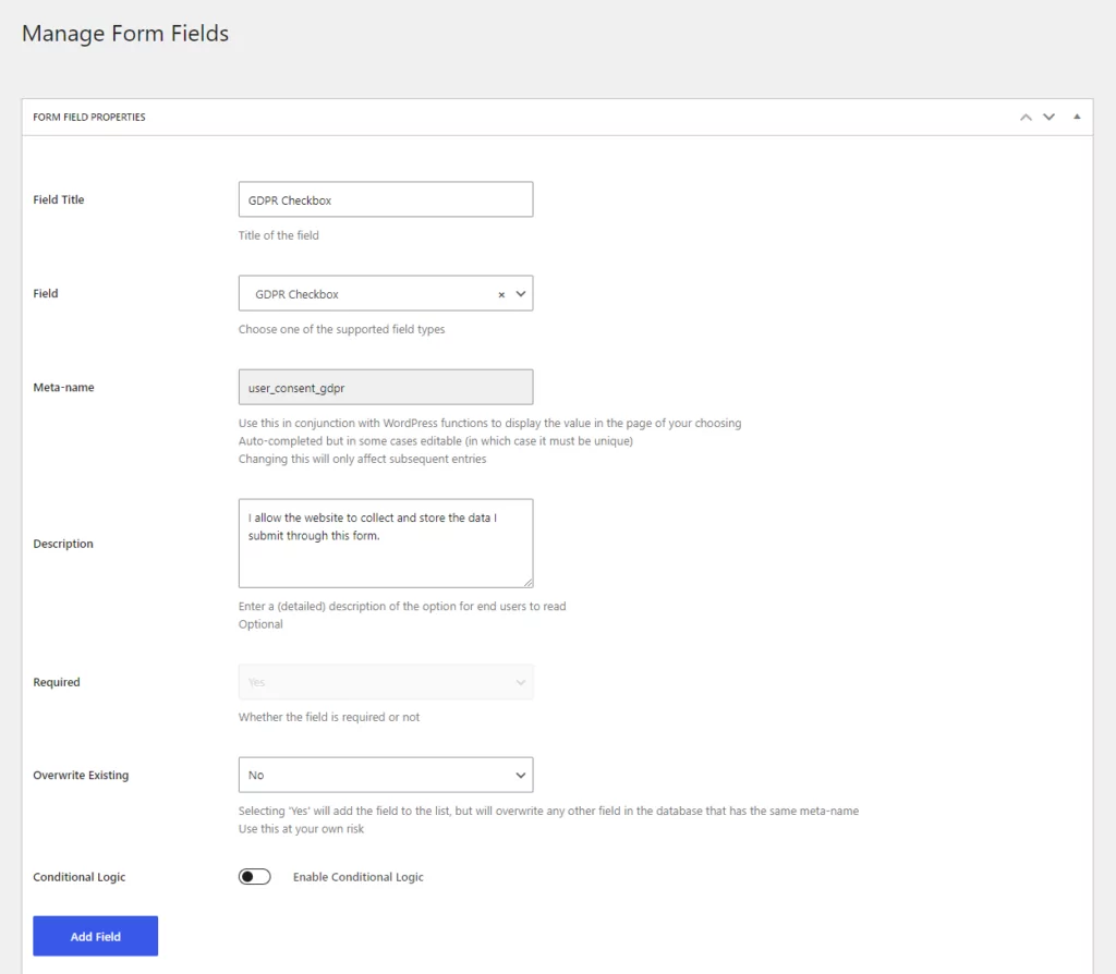 GDPR checkbox field