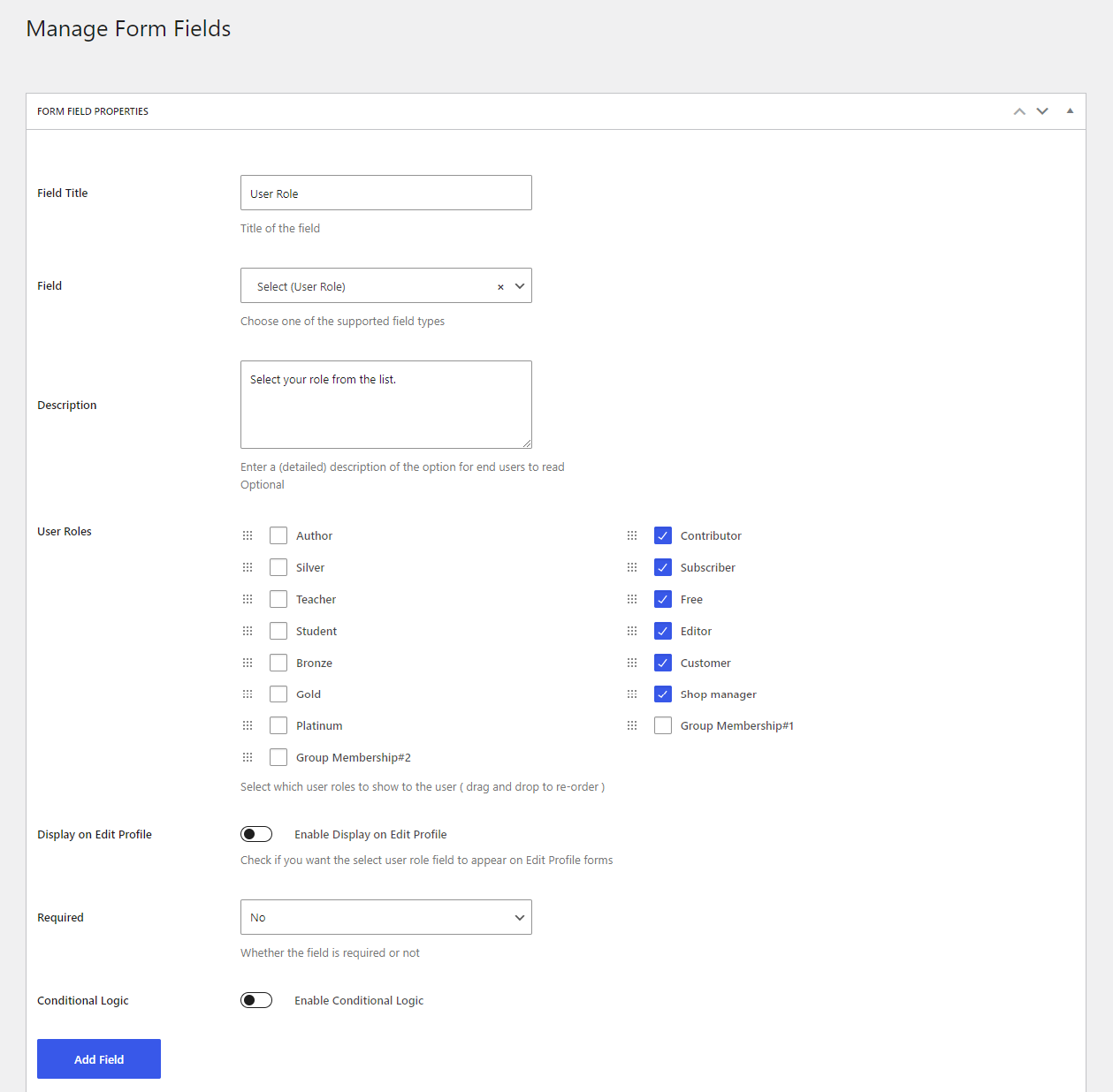 Select (User Role) Field